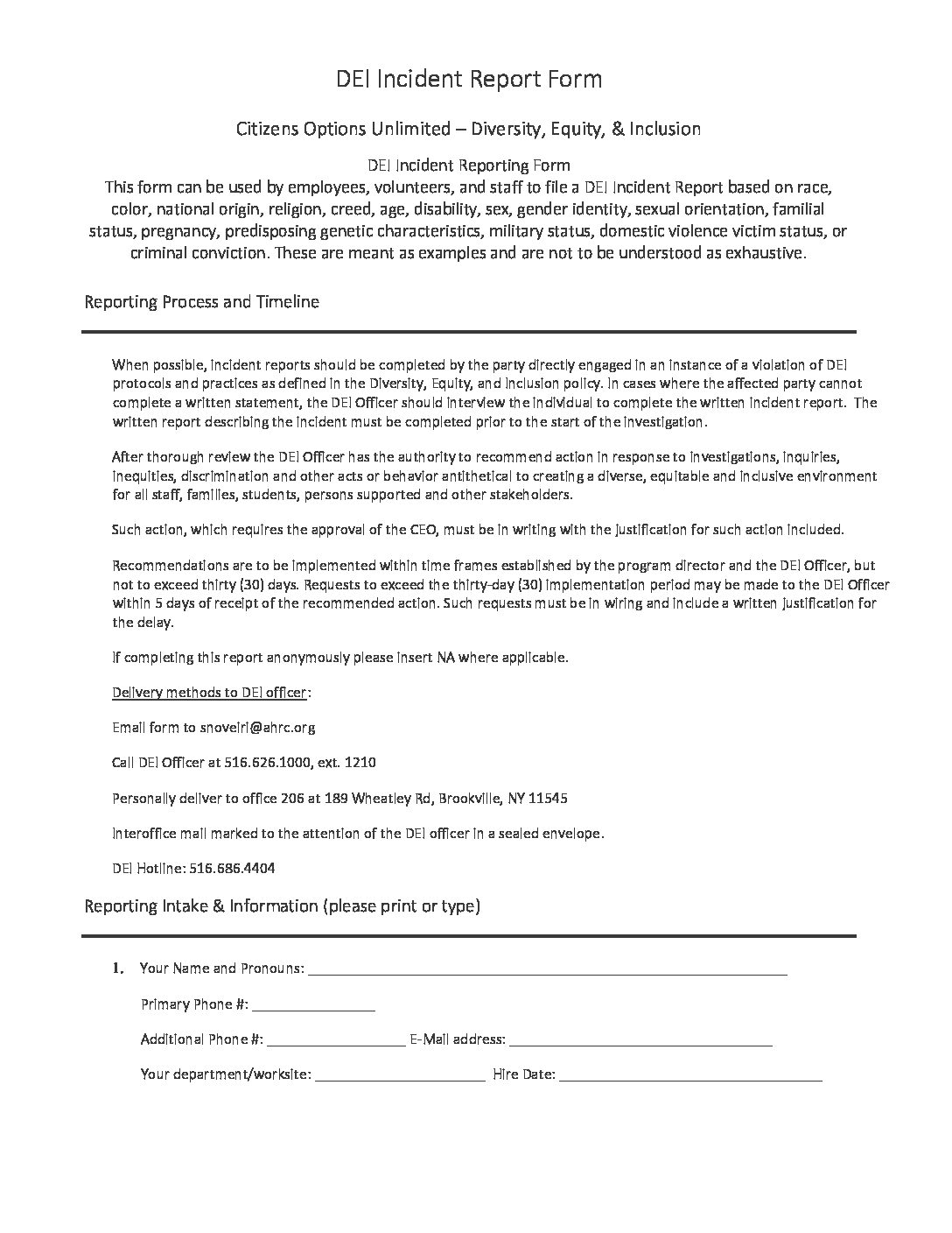 DEI Incident Report Form Citizens | AHRC Nassau