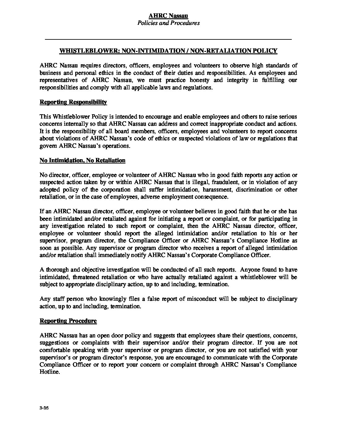 Whistleblower Non Intimidation Non Retaliation Policy | AHRC Nassau